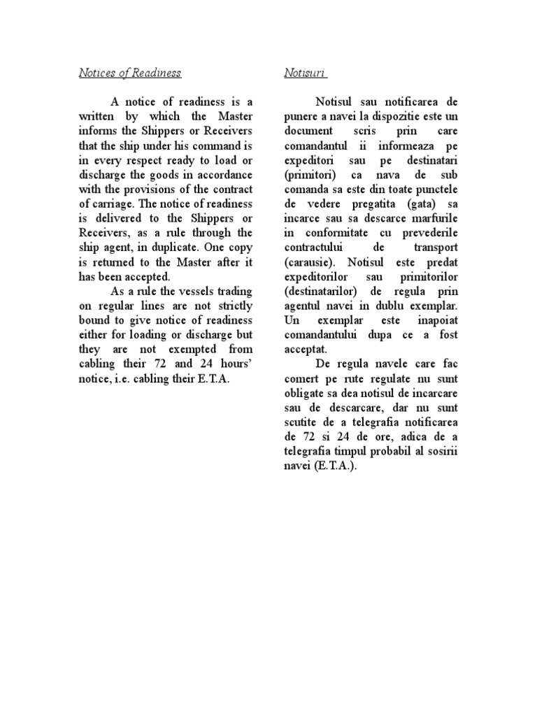 Notices of Readiness | PDF | Law Of The Sea | Water Transport