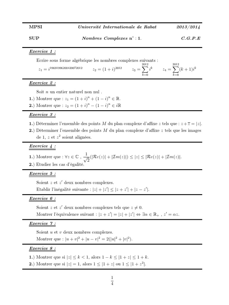 Complexes Série 1 PDF | PDF | Nombre complexe | Angle