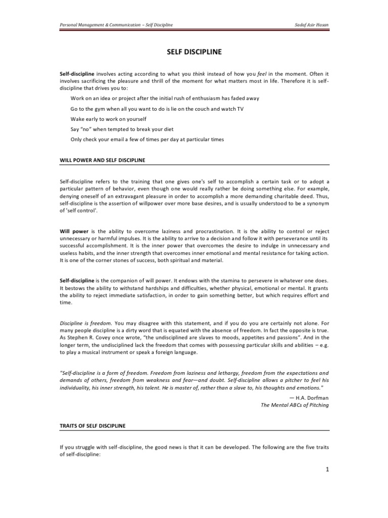 Self Discipline Handout | PDF | Self Control | Self-Management