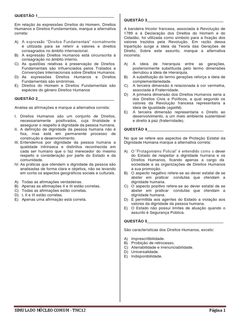 Simulado TNC12 | PDF | Direitos Humanos | Polícia