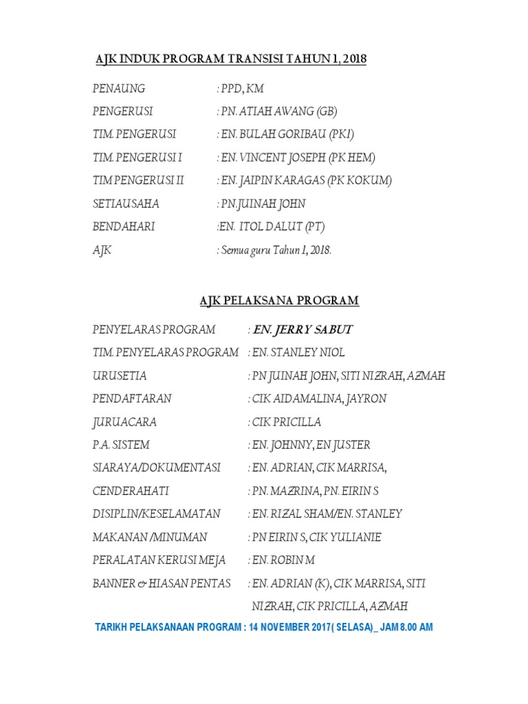 Ajk Induk Program Transisi Tahun 1 | PDF