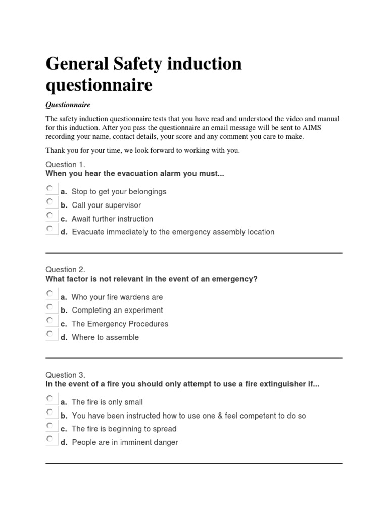 General Safety Induction Questionnaire | PDF | Safety | Laboratories