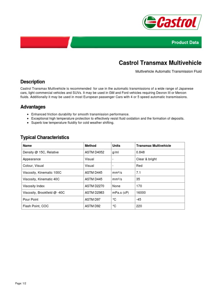Castrol Transmax Multivehicle ATF Specification | PDF | Automobiles ...
