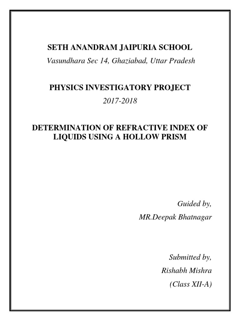 Hollow Prism Physics Investigatory Project Class 12 CBSE | PDF | Prism | Refractive Index