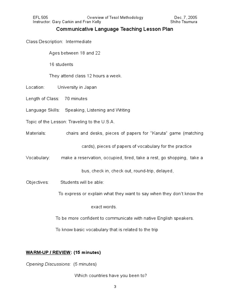 Communicative Language Teaching Lesson Plan | PDF | English As A Second ...
