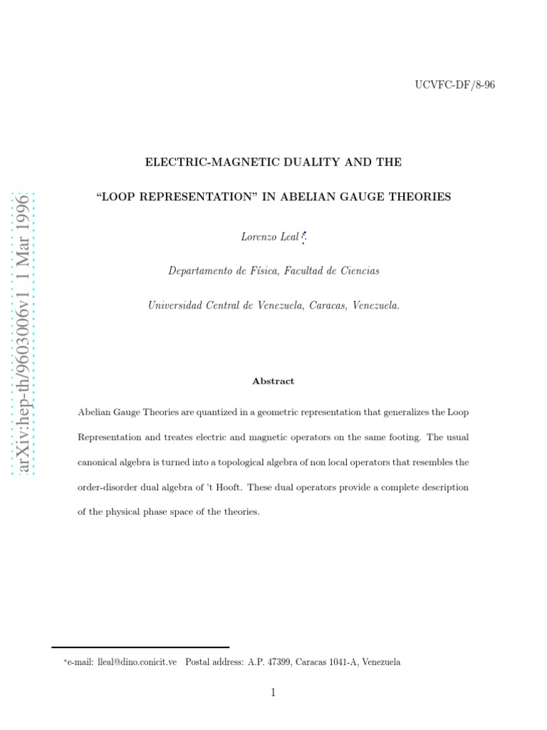Electric Magnetic Duality and The Loop Representation in Abelian Gauge Theories - Leal | PDF ...