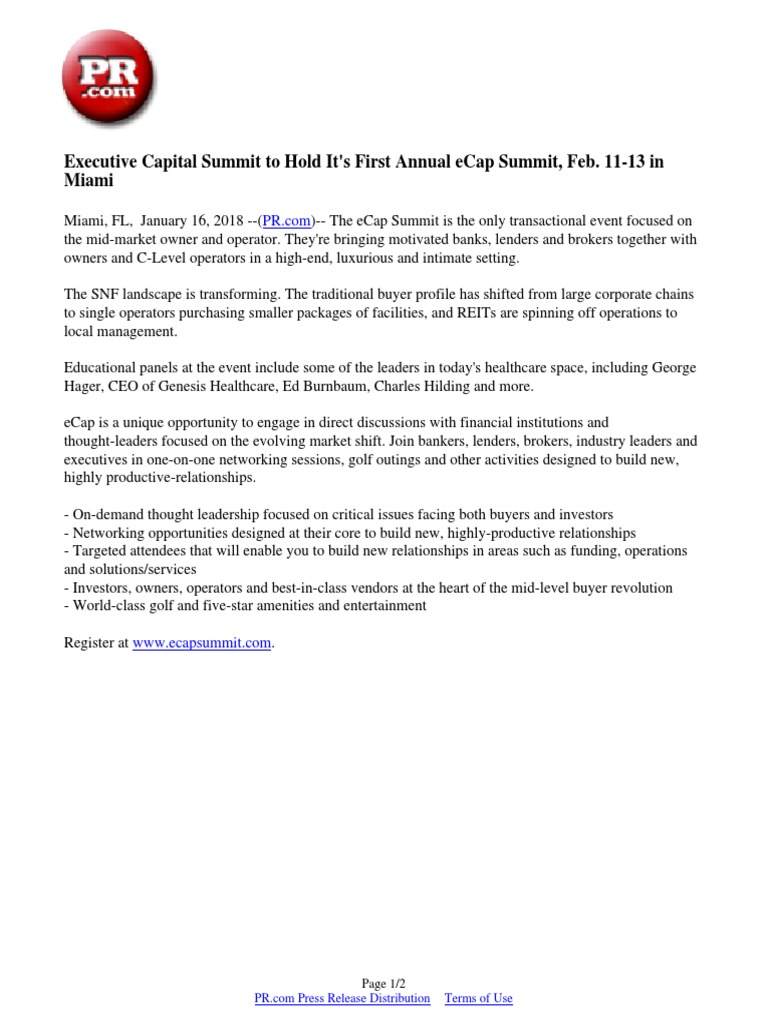 Executive Capital Summit To Hold It's First Annual Ecap Summit, Feb. 11 ...