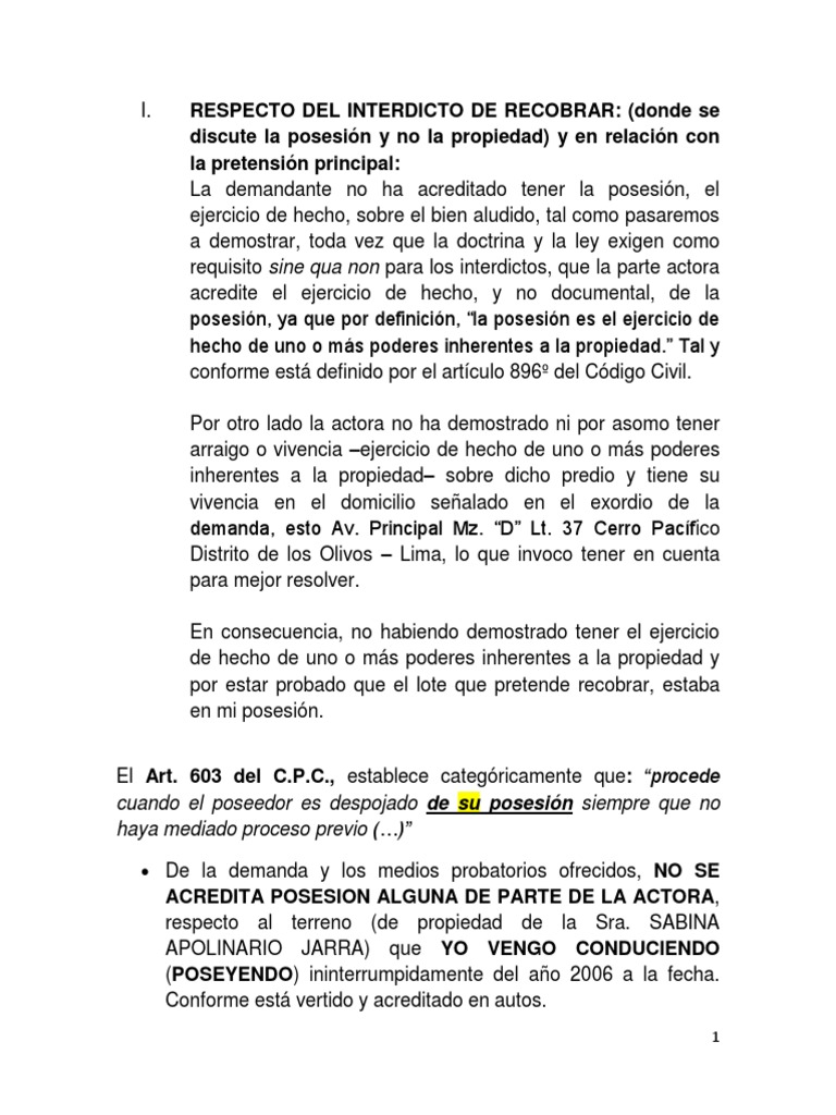 ALEGATO INTERDICTO | Posesión (Derecho) | Demanda judicial