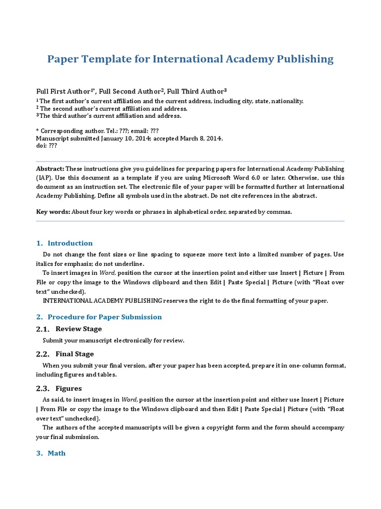 Paper Template For International Academy Publishing: Full First Author, Full Second Author, Full ...