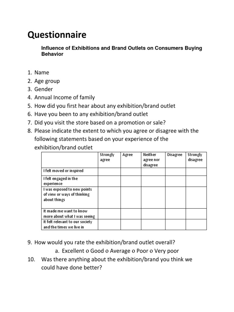 Questionnaire: Influence of Exhibitions and Brand Outlets On Consumers ...