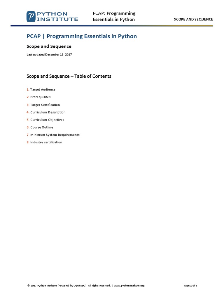Scope And Sequence Pcap Programming Essentials In Python December Pdf Parameter