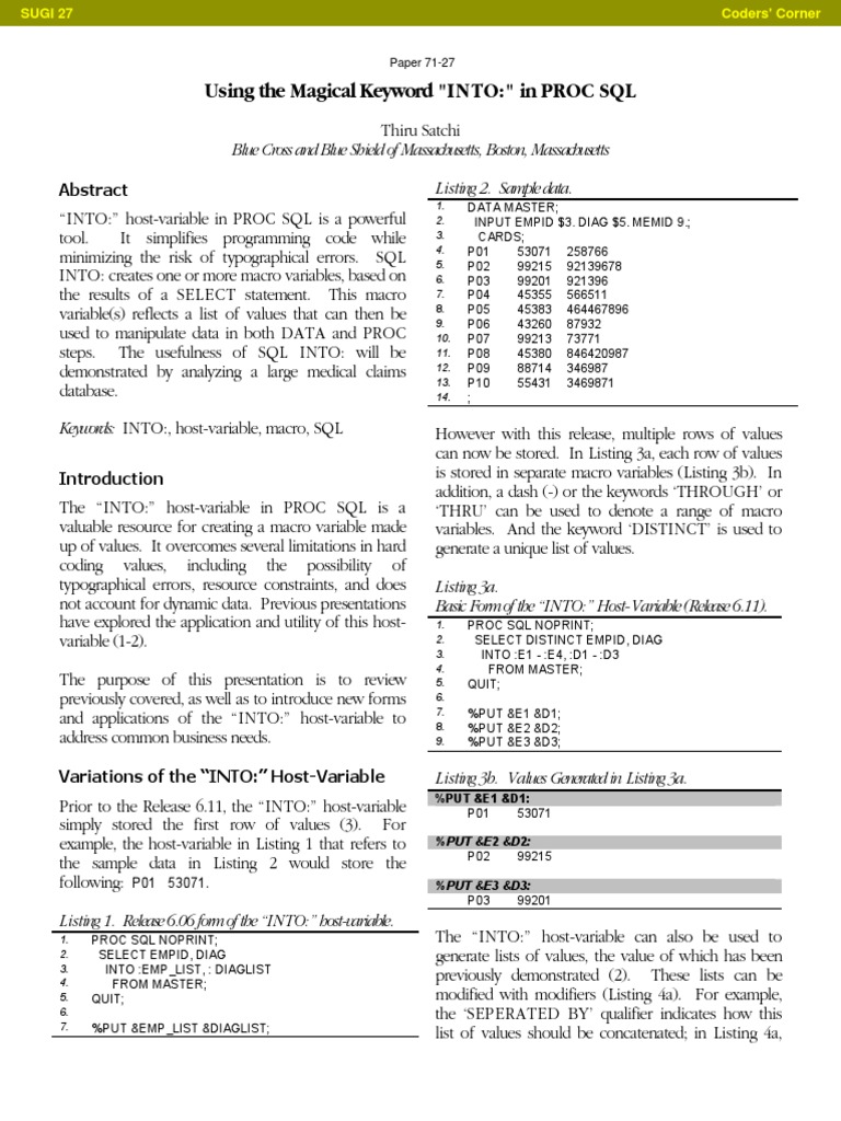 Using The Magical Keyword "INTO:" in PROC SQL: Paper 71-27 | Download ...