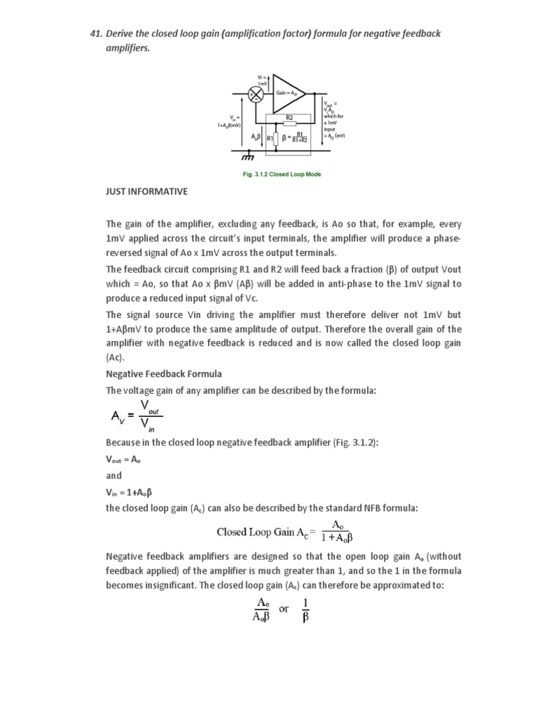 Derive The Closed Loop Gain (Amplification Factor) Formula For Negative ...