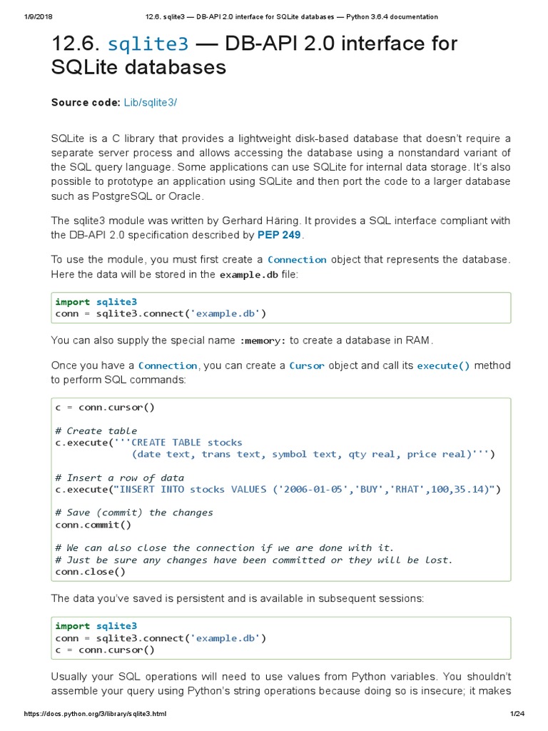 12.6. Sqlite3 - DB-API 2.0 Interface For SQLite Databases - Python 3.6 | PDF | Parameter ...