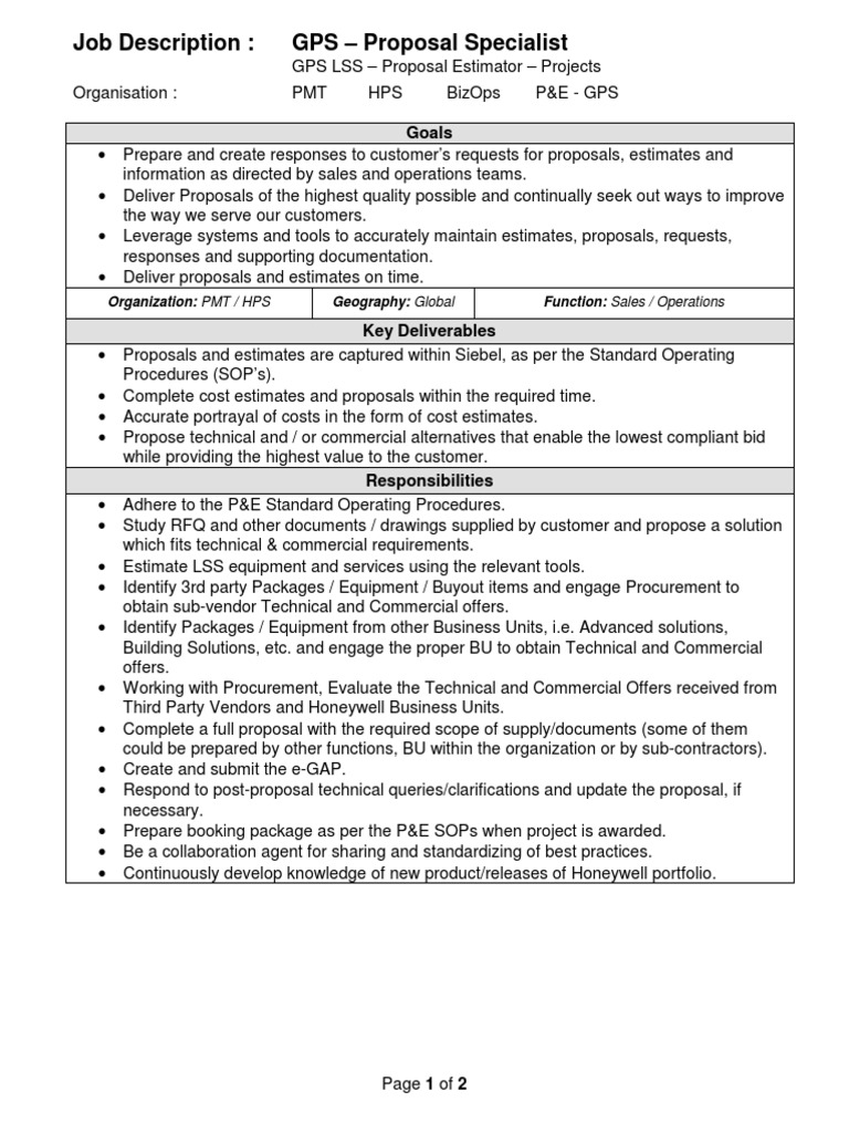 Proposal Specialist Job Description | PDF | Honeywell | Procurement