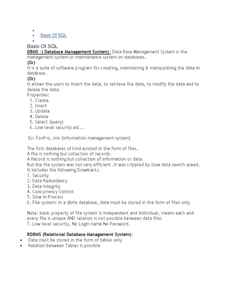 Basic of SQL: DBMS: (Database Management System) : Data Base Management ...