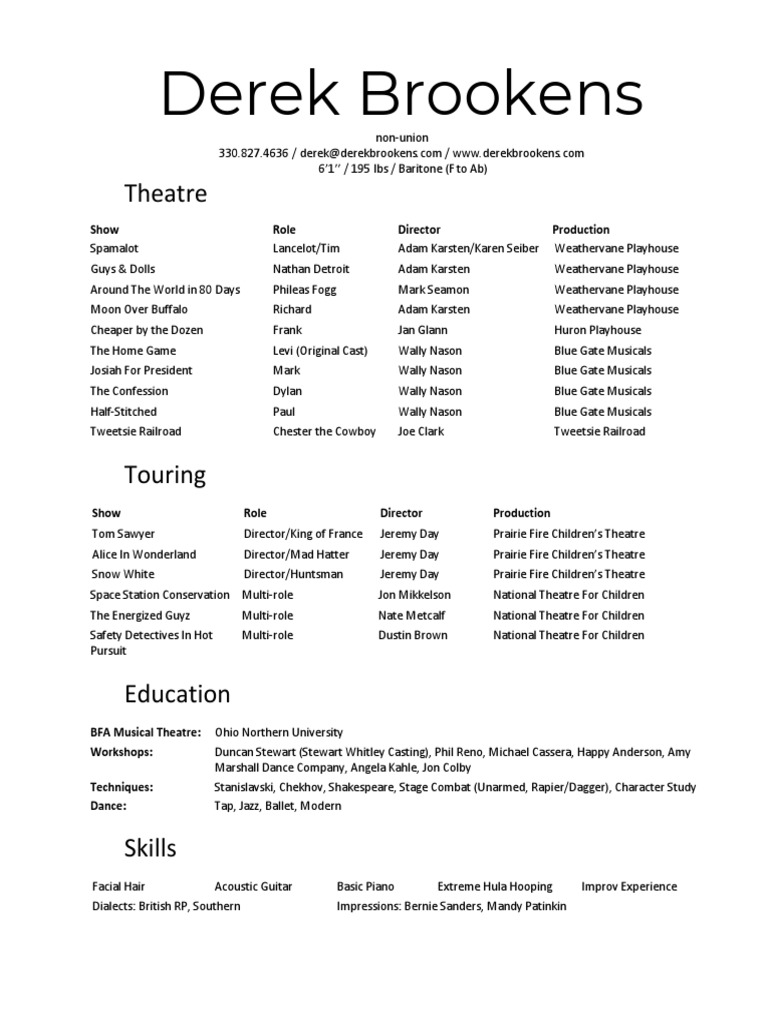 Derek Brookens Theatre Resume v.2 | PDF | Theatre | Leisure
