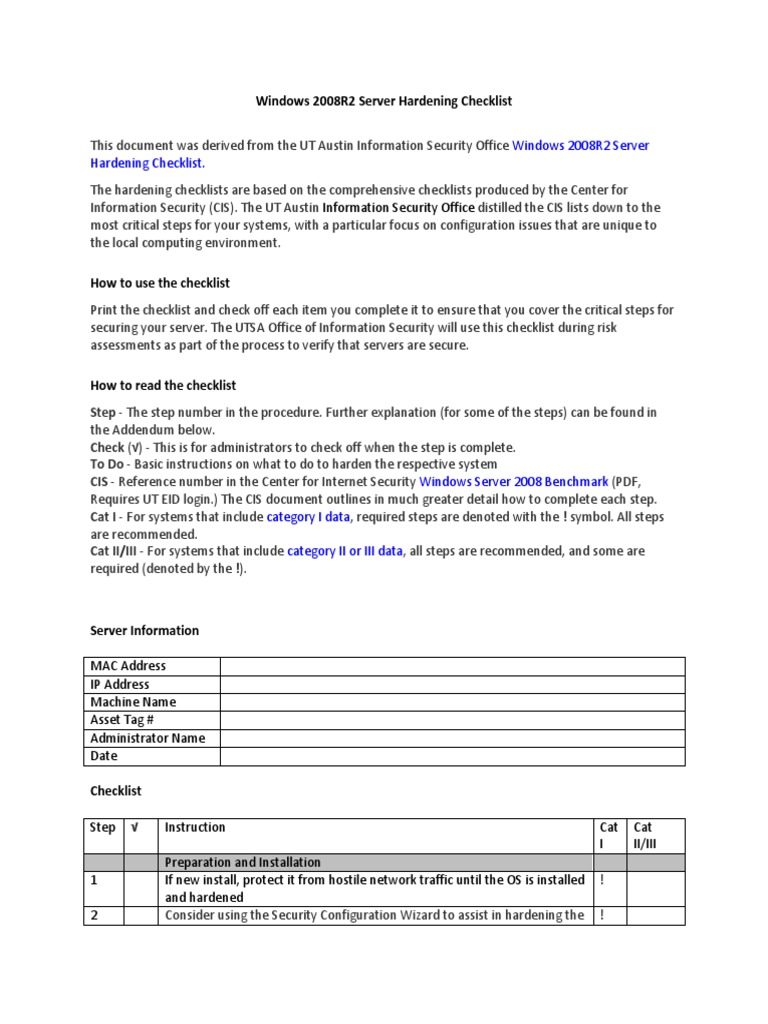 Server Hardening Checklist Win 2008r2 | PDF | Spyware | Windows Registry