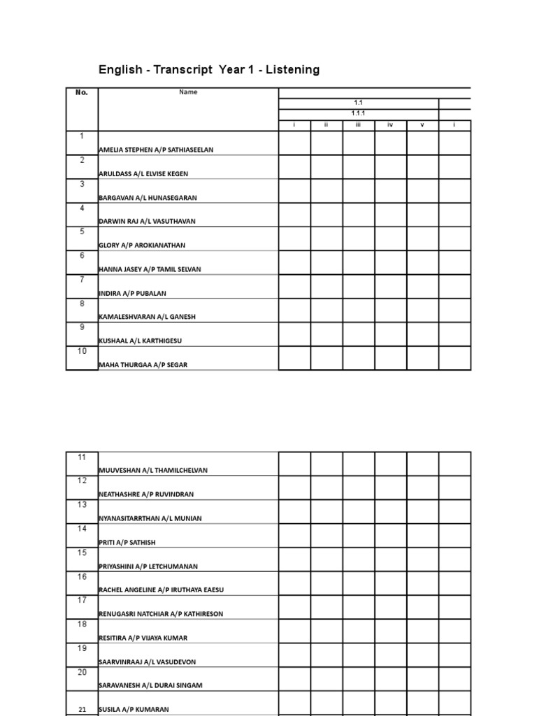 Transcript Year 1 English Pdf