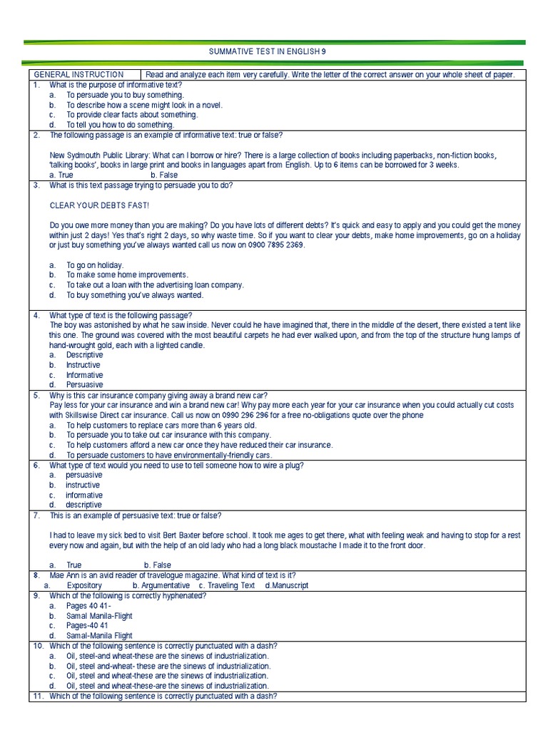 Summative Test in English | PDF | Books | Persuasion