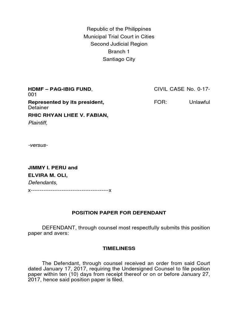 Position Paper For Unlawfl Detainer | PDF | Eviction | Plaintiff