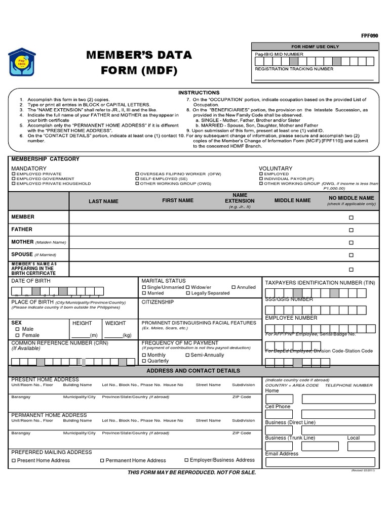 Member'S Data Form (MDF) : Mandatory Voluntary | PDF | Address ...