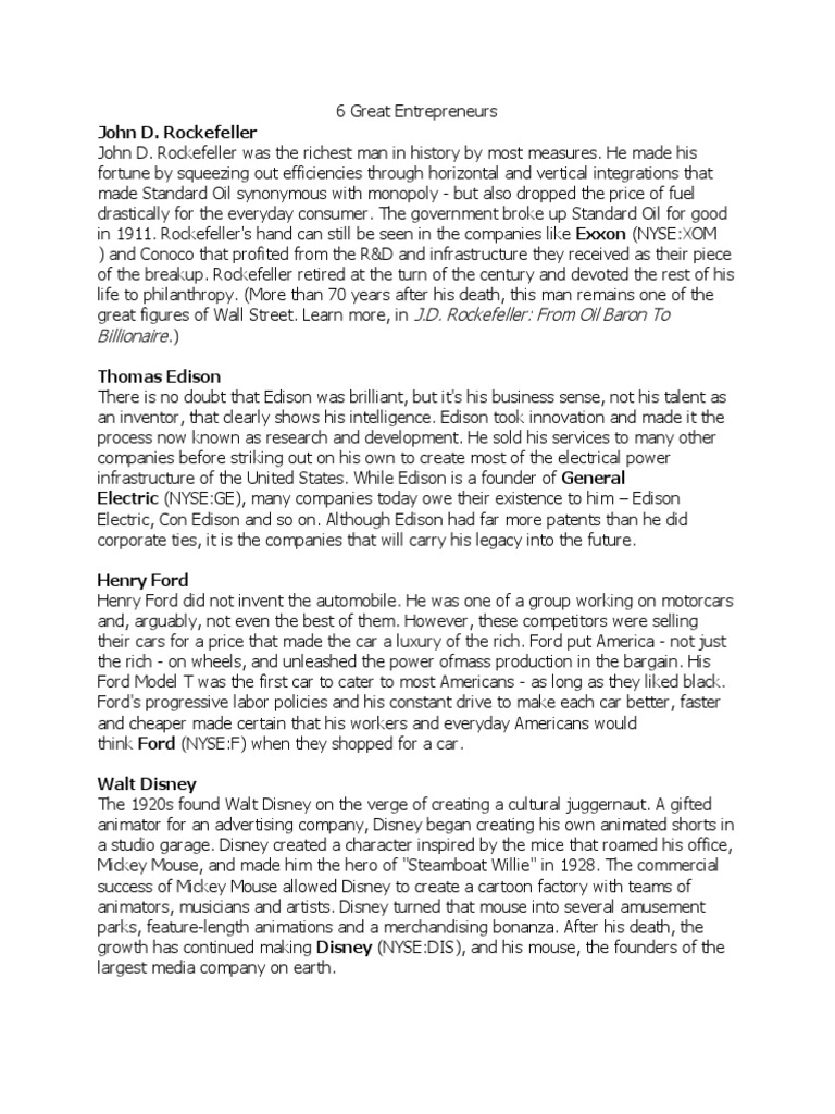 6 Great Entrepreneurs | PDF | John D. Rockefeller | Walt Disney