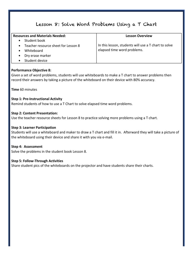 Lesson 8: Solve Word Problems Using A T Chart: Resources and Materials ...