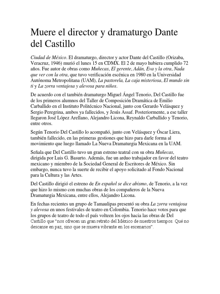 Muere El Director Dante Del Castillo | PDF | Teatro | Ciudad de México