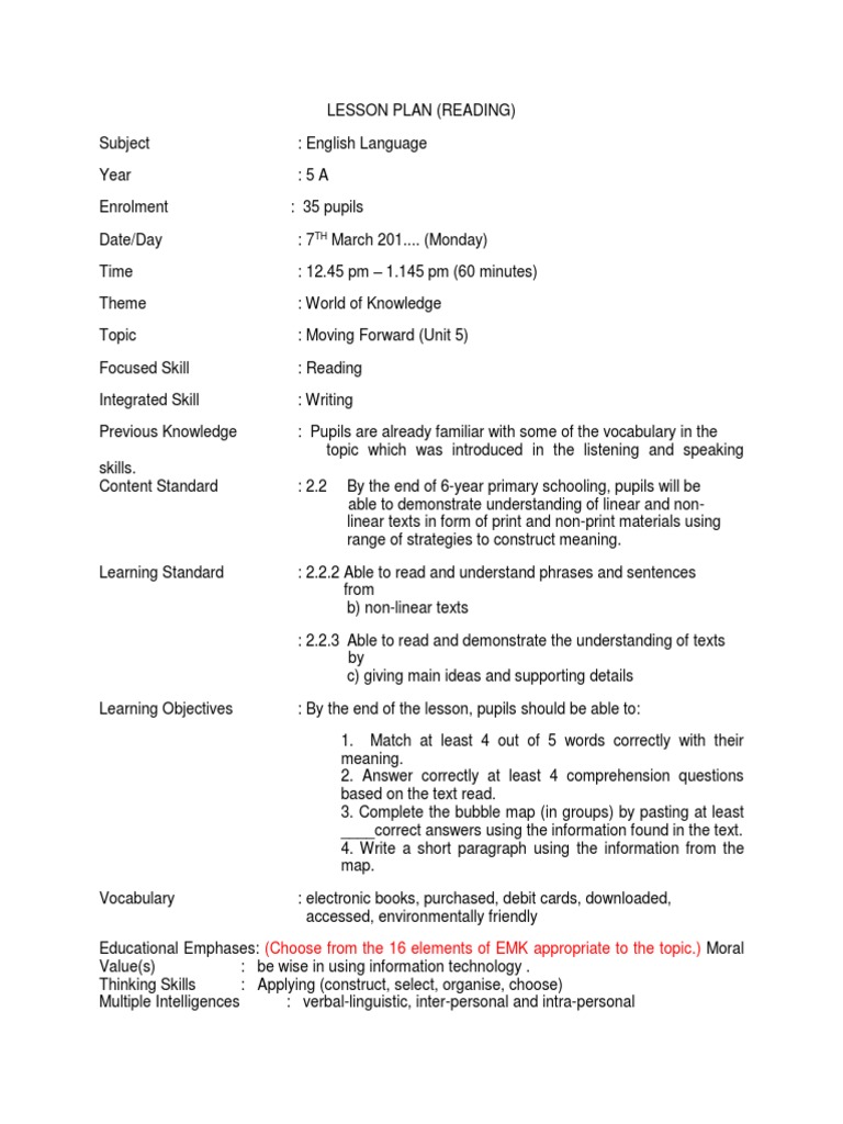 Reading and Writing Skills Lesson Plan | PDF | Reading Comprehension ...