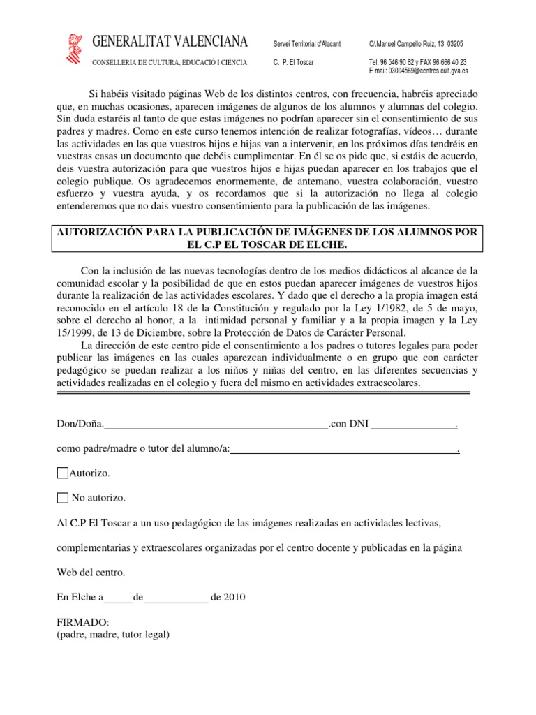 Autorización para Publicar Imágenes Alumnos | PDF | Imagen | Estudiantes