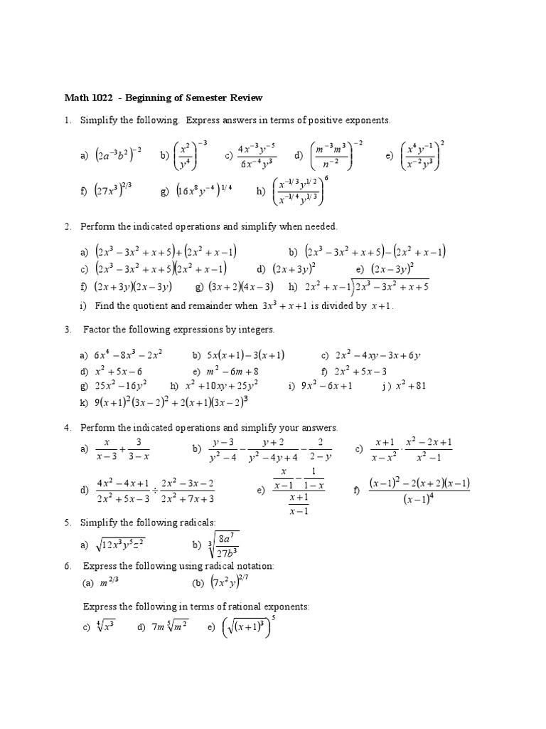 Math 1022 - Beginning of Semester Review | PDF | Elementary Mathematics ...