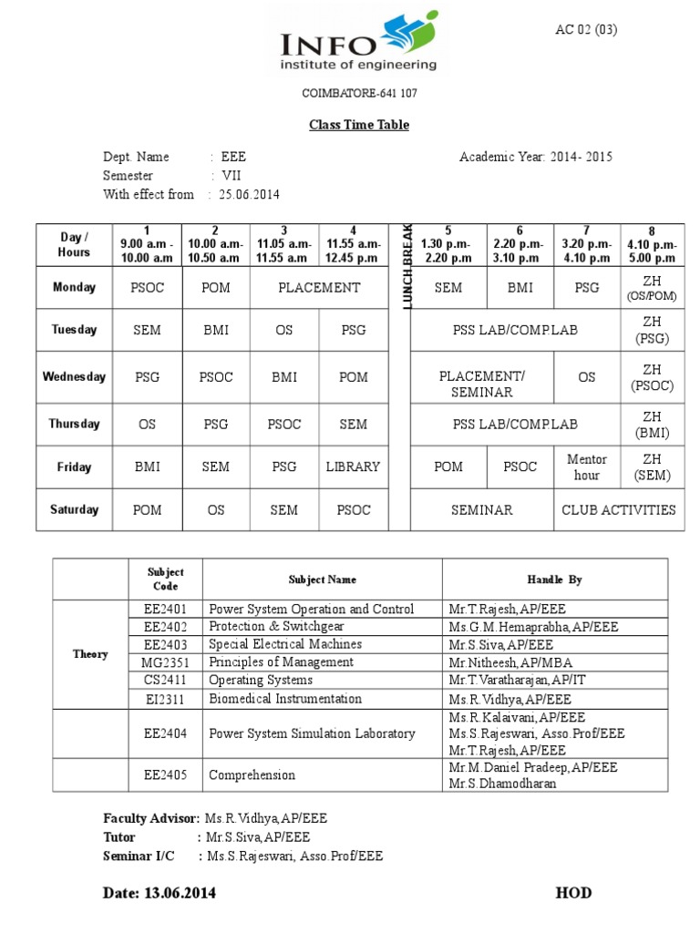 Class Time Table: Date: 13.06.2014 HOD | PDF | Electrical Engineering ...