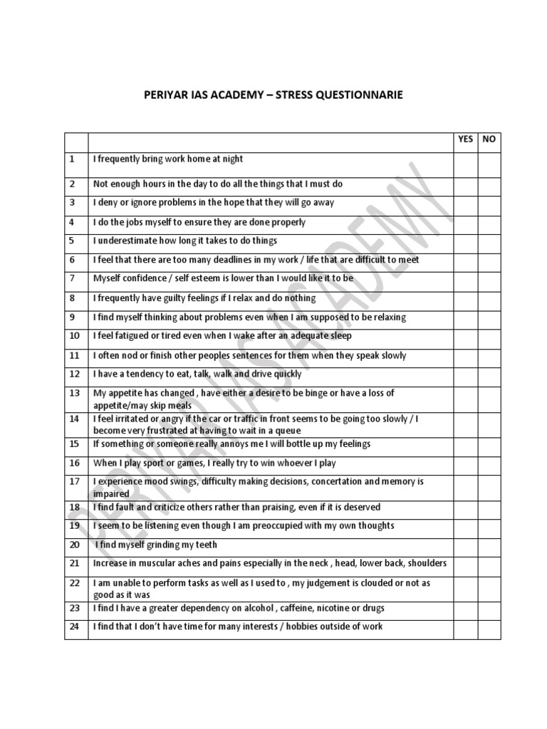 Stress Management Questionnaire For College Students | PDF