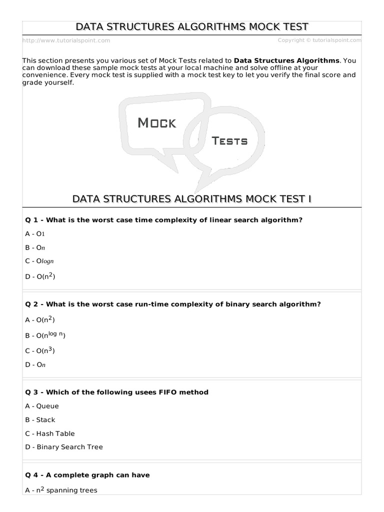Data Structures Algorithms Mock Test I Pdf Discrete Mathematics Computer Data