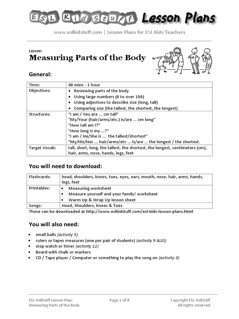Measuring Parts Of The Body Lesson Plan Lesson Plan English As A 