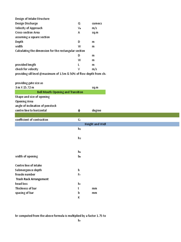 Design of Intake Structure Dimensions | PDF | Civil Engineering | Fluid ...