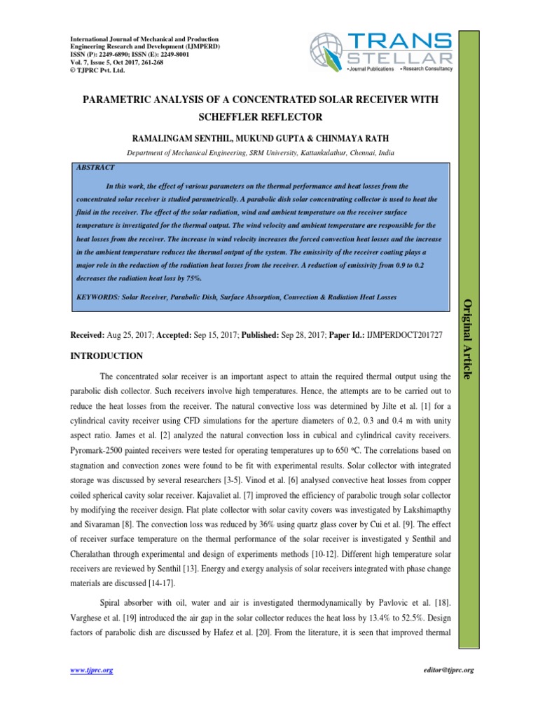 Parametric Analysis of A Concentrated Solar Receiver With Scheffler ...