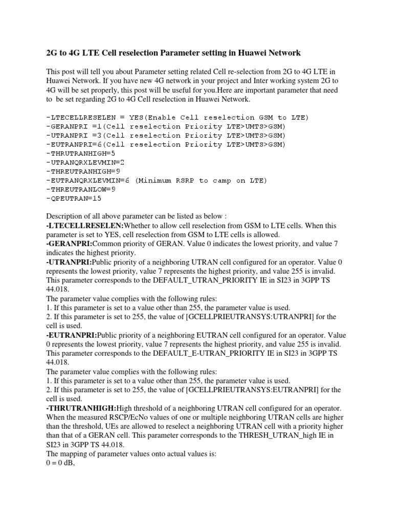2G to 4G LTE Reselection in Huawei | PDF | Decibel | 4 G