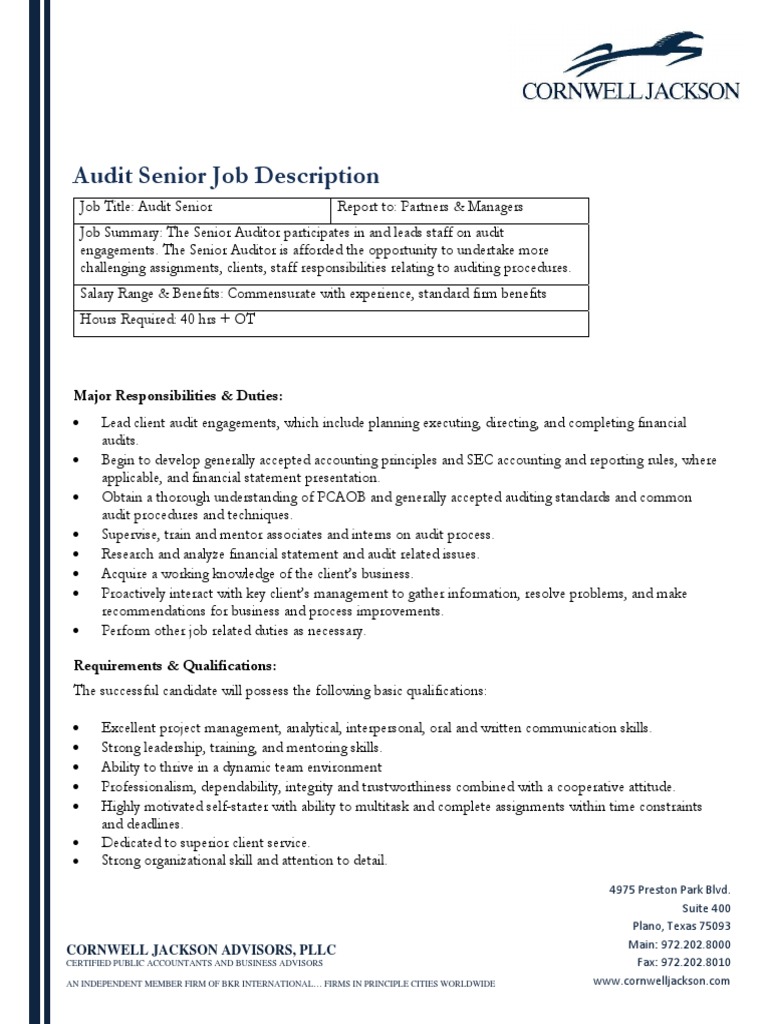Audit Senior Job Description and Duties | PDF | Certified Public ...