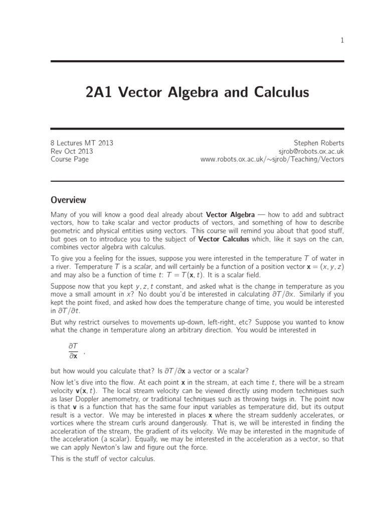 2A1 Vector Algebra and Calculus | PDF | Vector Calculus | Euclidean Vector