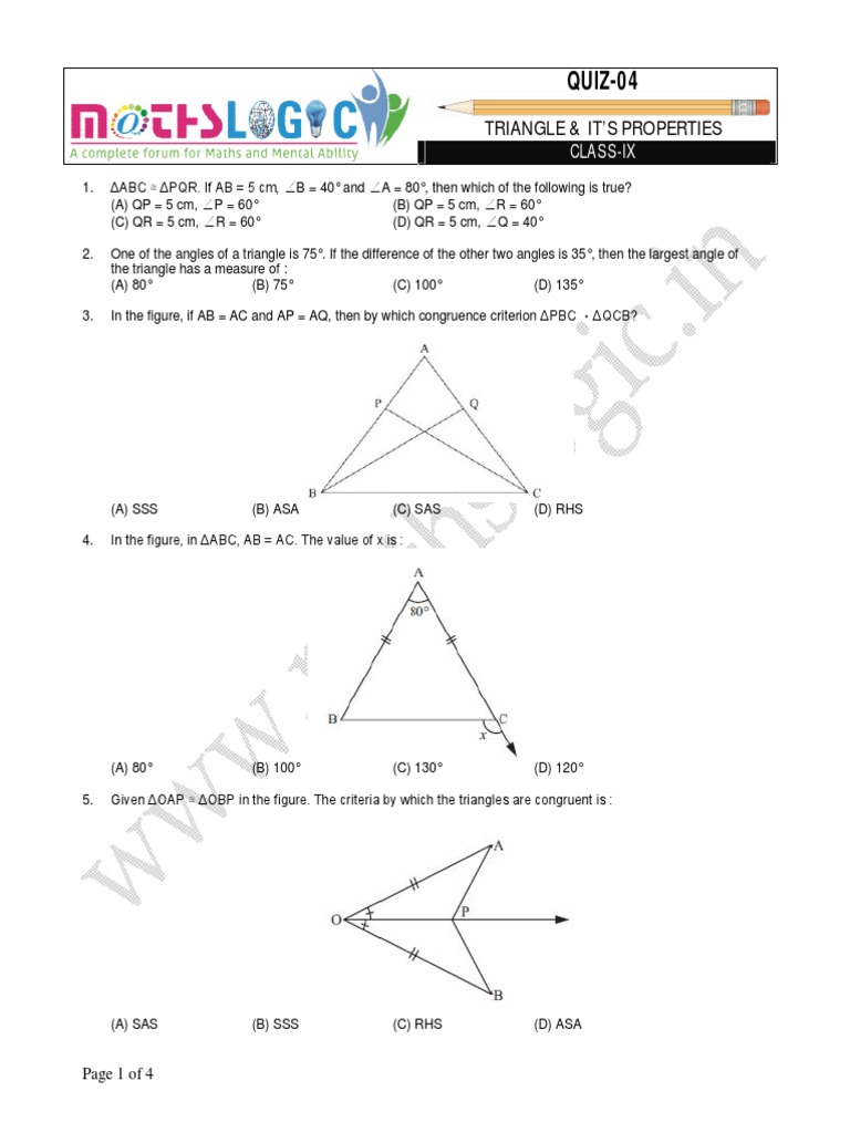 Triangle Properties Quiz Class IX | PDF | Triangle | Polytopes
