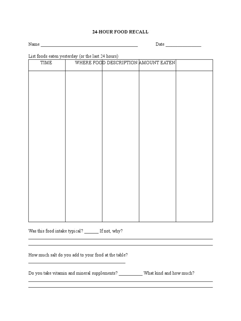 24-Hour Food Recall Template | PDF | Wellness