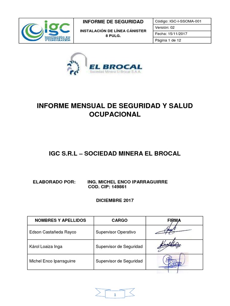 Informe Mensual de Seguridad y Salud Ocupacional - Igc | Naturaleza