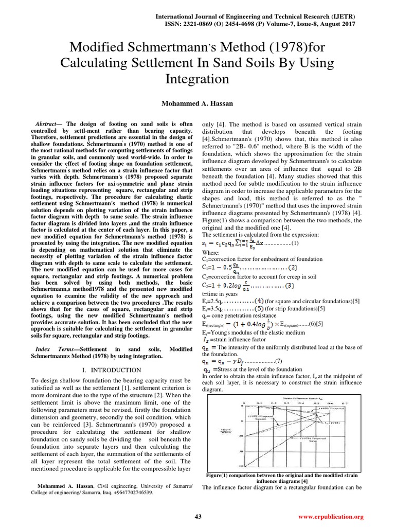 Modified Schmertmann S Method (1978) For Calculating Settlement in Sand ...