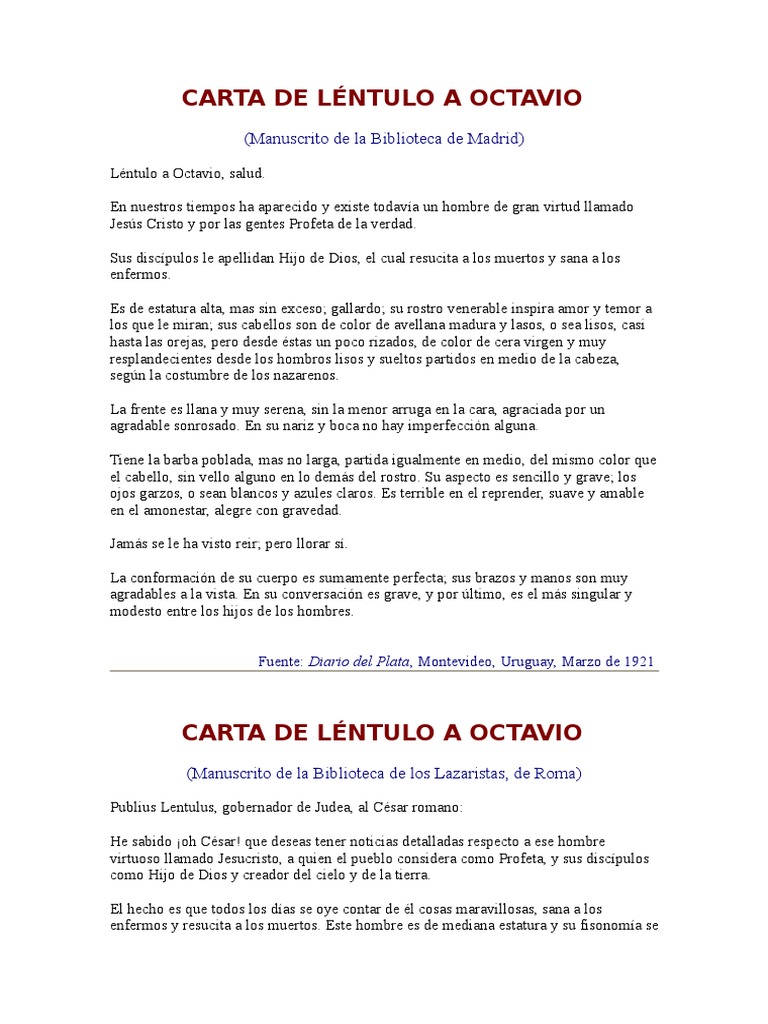 Carta de Léntulo A Octavio | PDF | Augusto | Cristo (título)