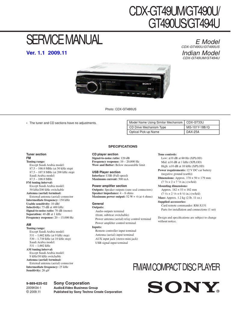 Service Manual Car Audio CDX-GT49UM GT490U GT490US GT494U | PDF ...