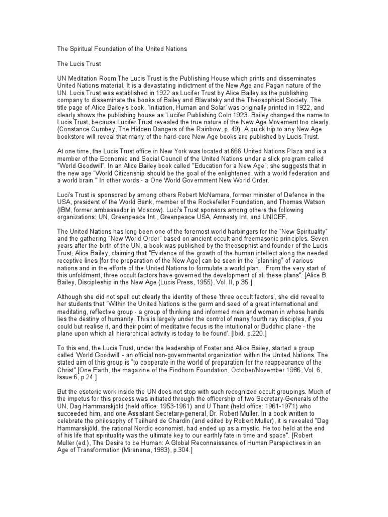 Lucis Trust - UN Publishing House - Before 1921 Named Lucifers Trust ...