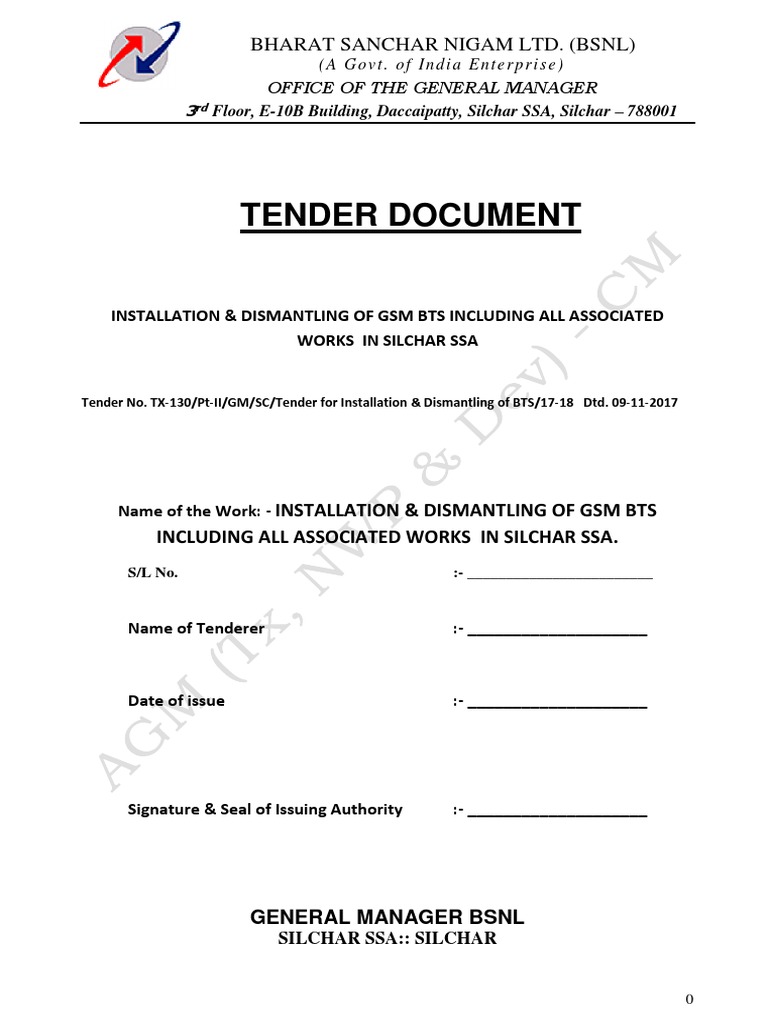 Tender Document: Bharat Sanchar Nigam Ltd. (BSNL) | PDF | Cheque | Banks
