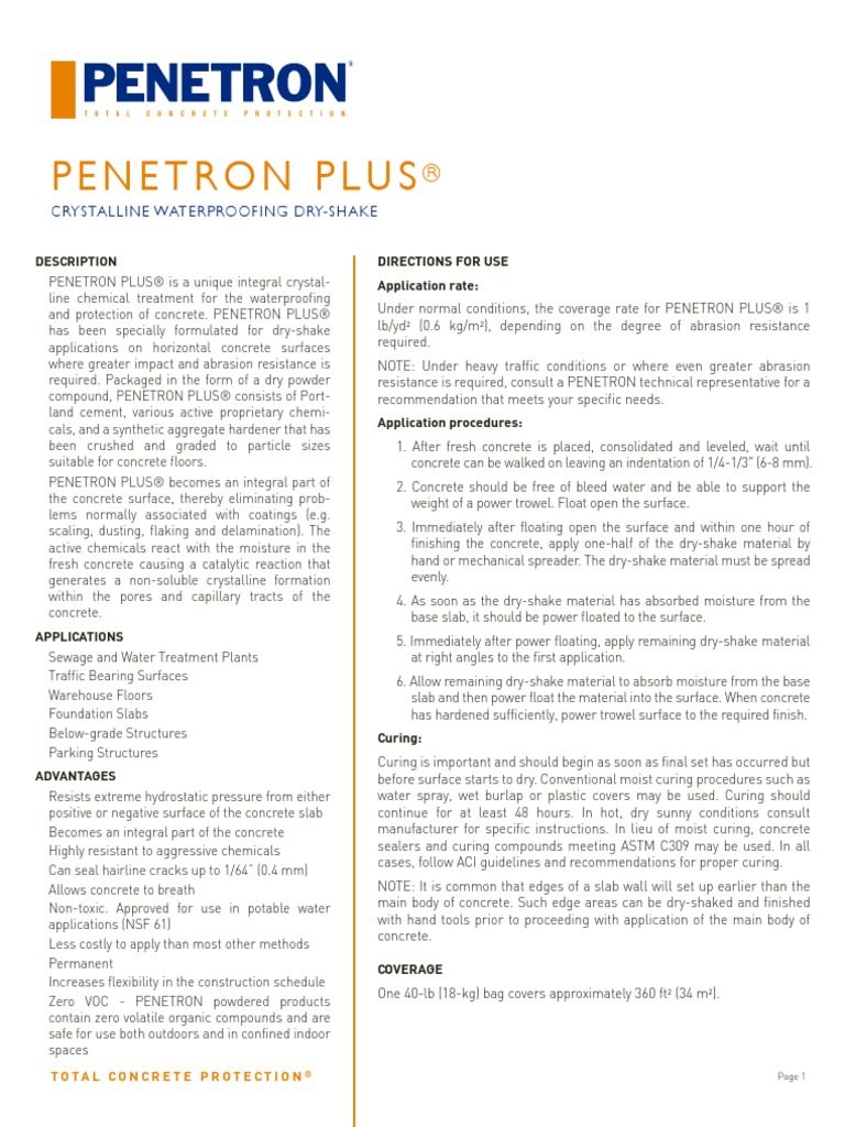 PENETRON PLUS Data Sheet PDF | PDF | Concrete | Materials